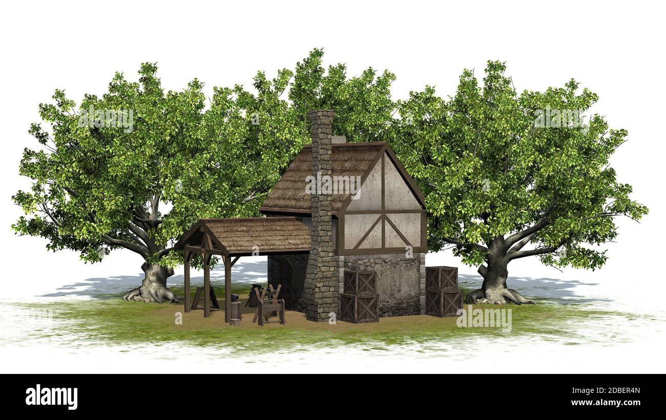 Medieval forge between trees - front view on white background Stock ...