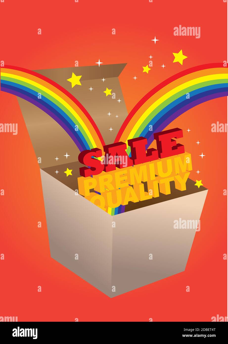 Open box with sale messages coming out with rainbow and stars. Vector ...