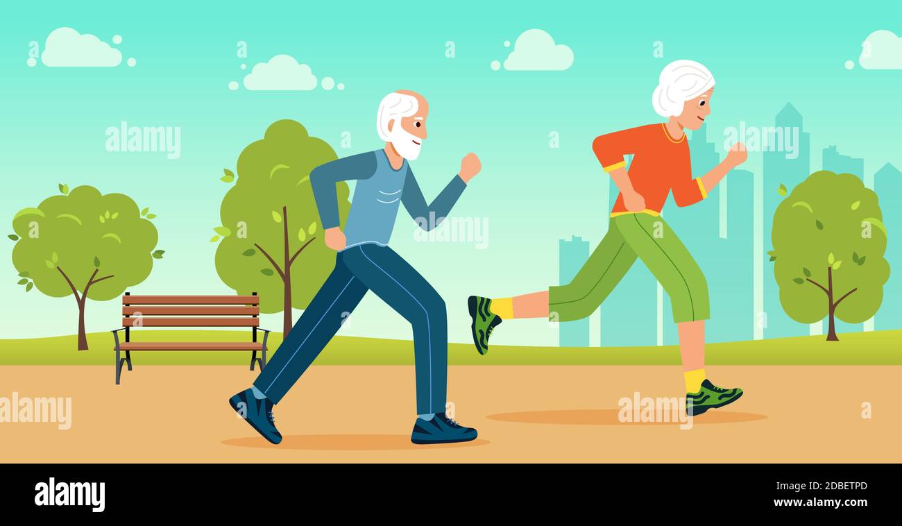 Older people play sports in city park. Grandmother and grandfather run ...