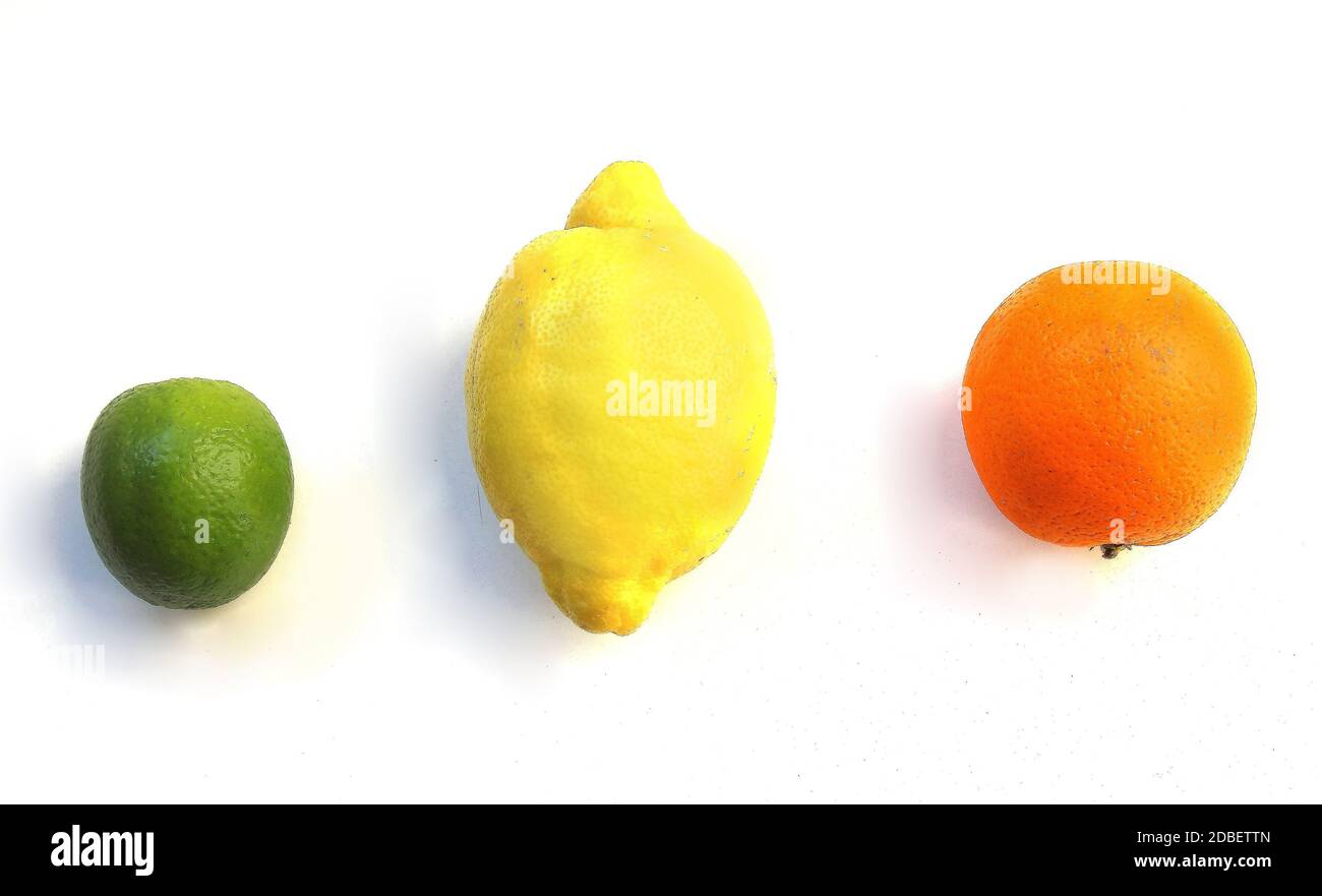 Organic citrus fruits on white background arranged in traffic lights ...