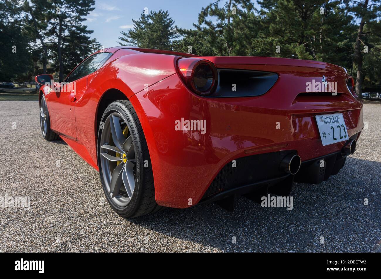 Rear view of a red Ferrari 488 GTB sportscar outdoors in sunshine Stock ...