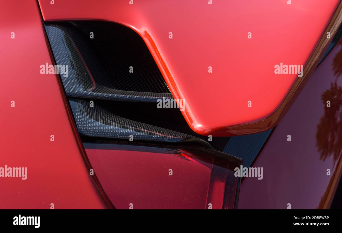 Close up detail of the end of the rear spoiler on a rosso red Ferrari ...