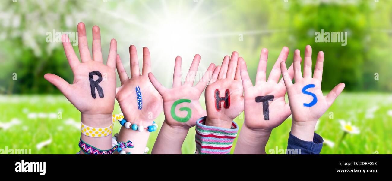 Children Hands Building Colorful English Word Rights. Sunny Green Grass ...