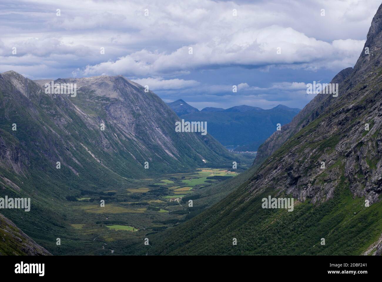 View from the Trollstigen towards the Norwegian village Andalsnes Stock ...