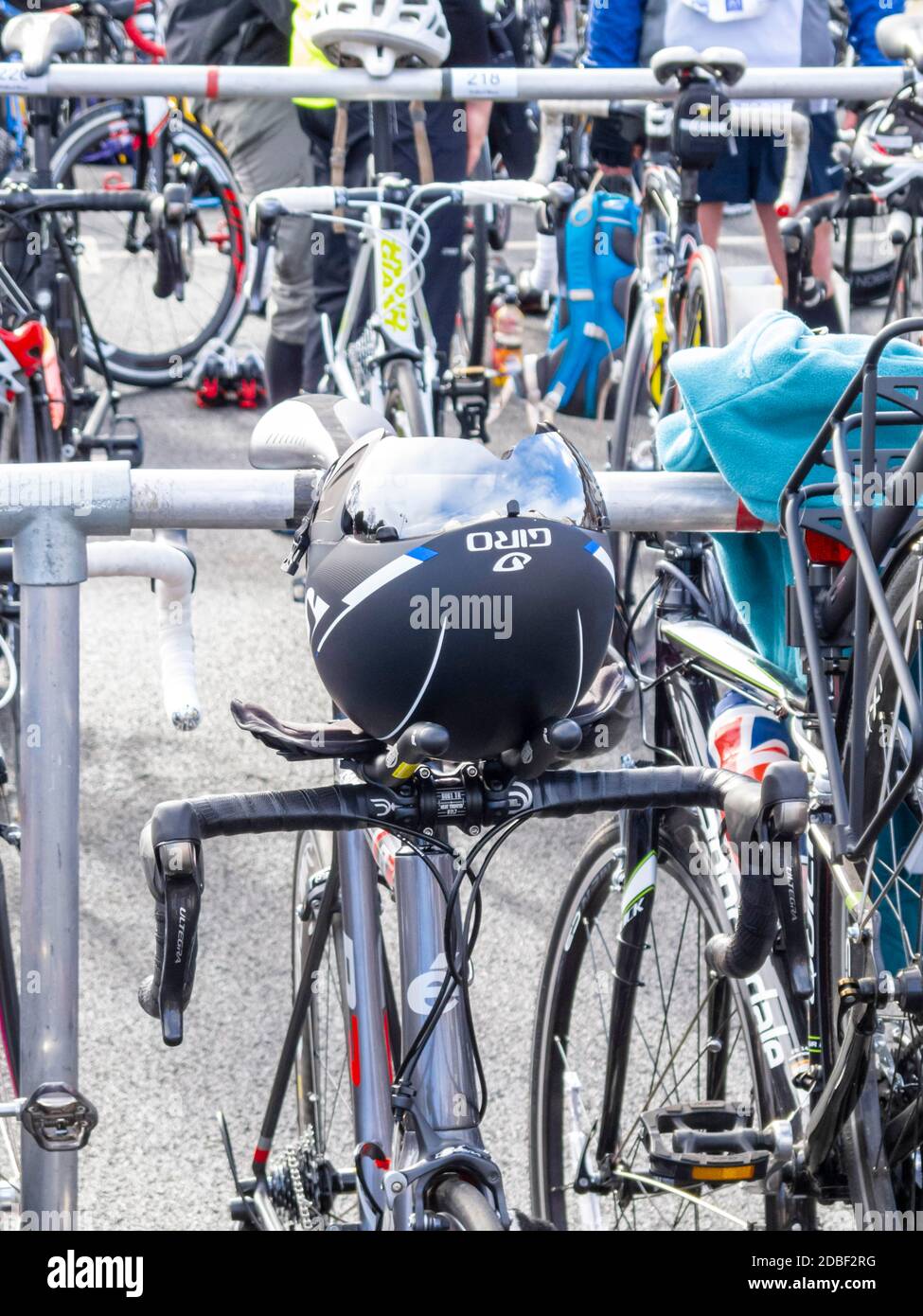 Bikes and helmets in the transition area of the Stokesley Duathlon ...