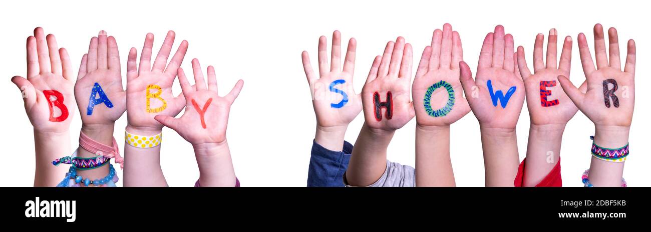 Children Hands Building Colorful English Word Baby Shower. White ...
