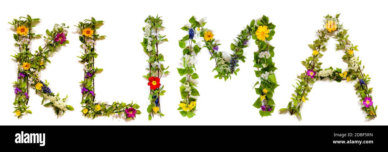 Flower, Branches And Blossom Letter Building German Word Klima Means Climate. White Isolated ...