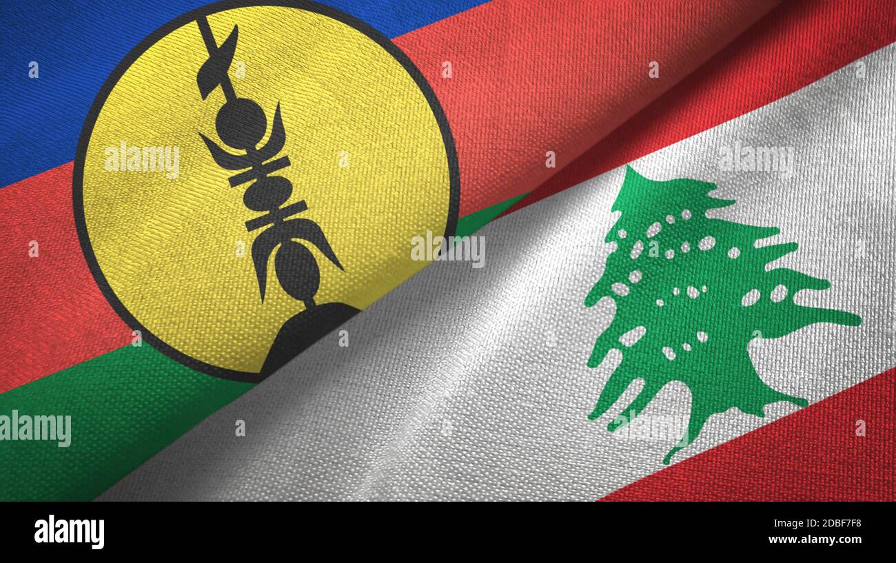 New Caledonia and Lebanon two flags textile cloth, fabric texture Stock ...