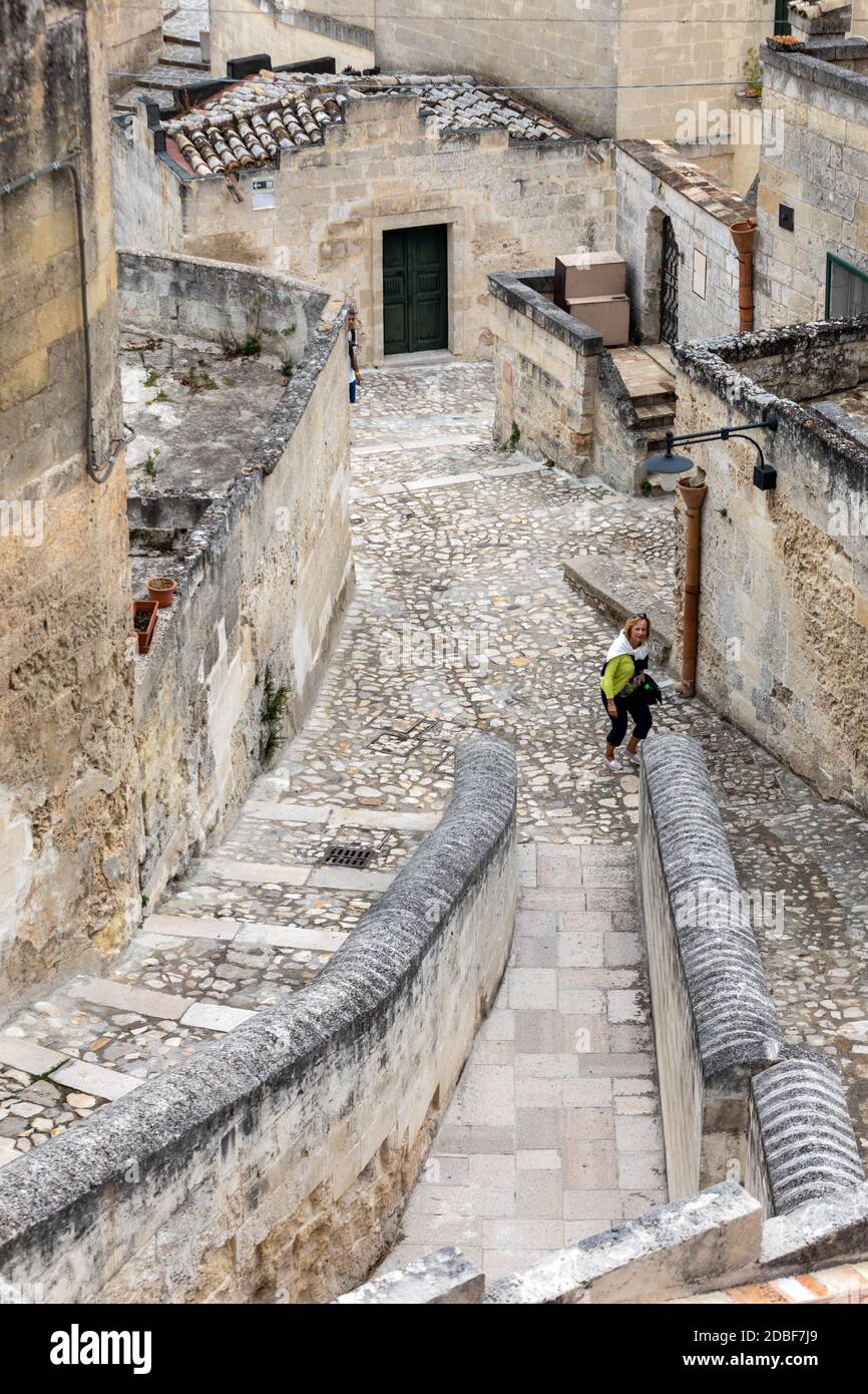 Matera, Italy - September 20, 2019: Typical cobbled stairs in a side ...