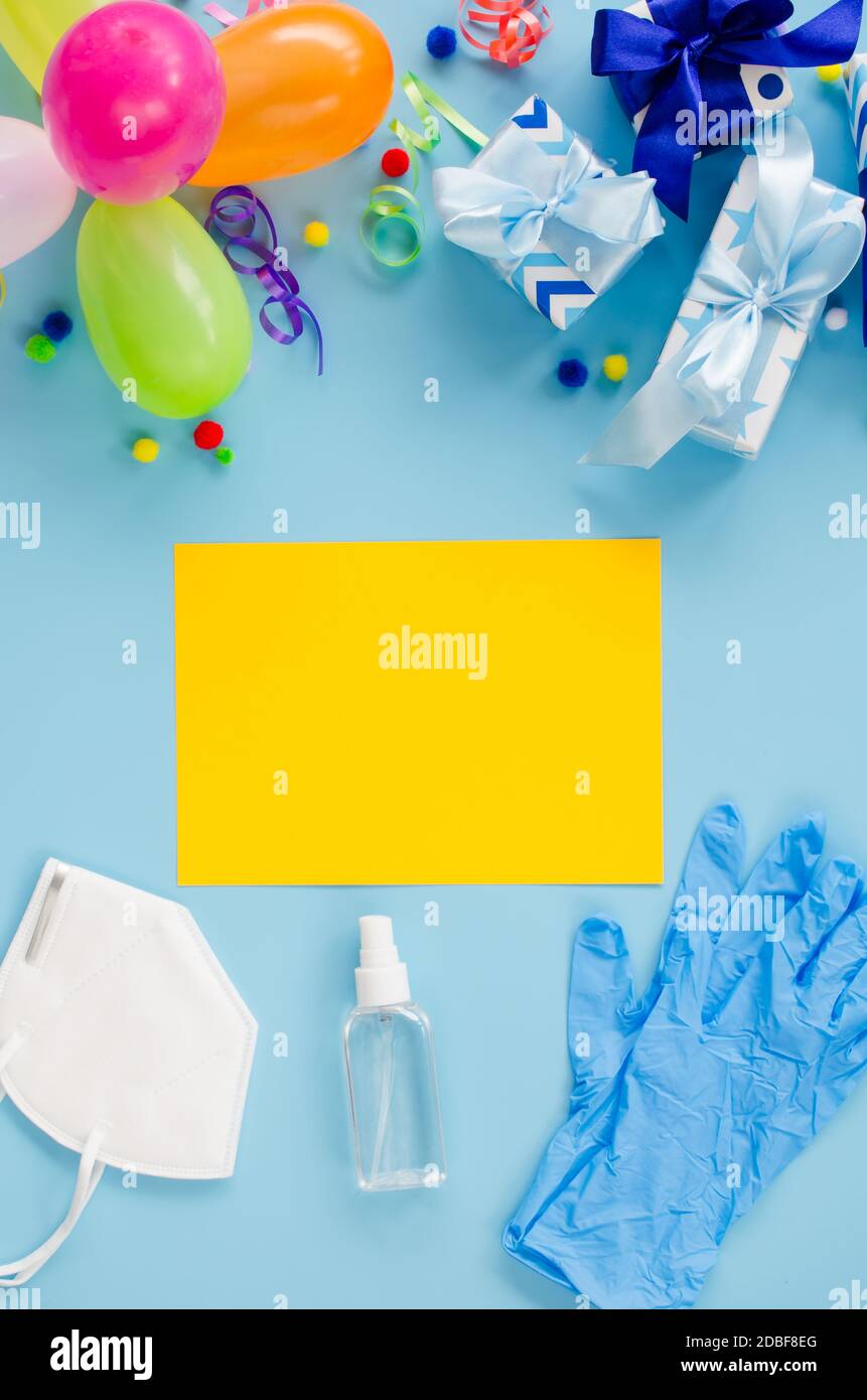Concept quarantine birthday. Festive blue background with gift boxes ...