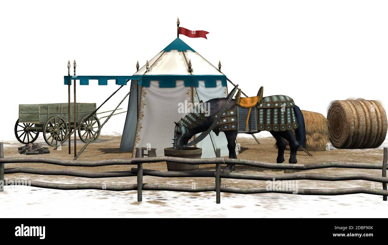 medieval scene with horse on white background Stock Photo - Alamy