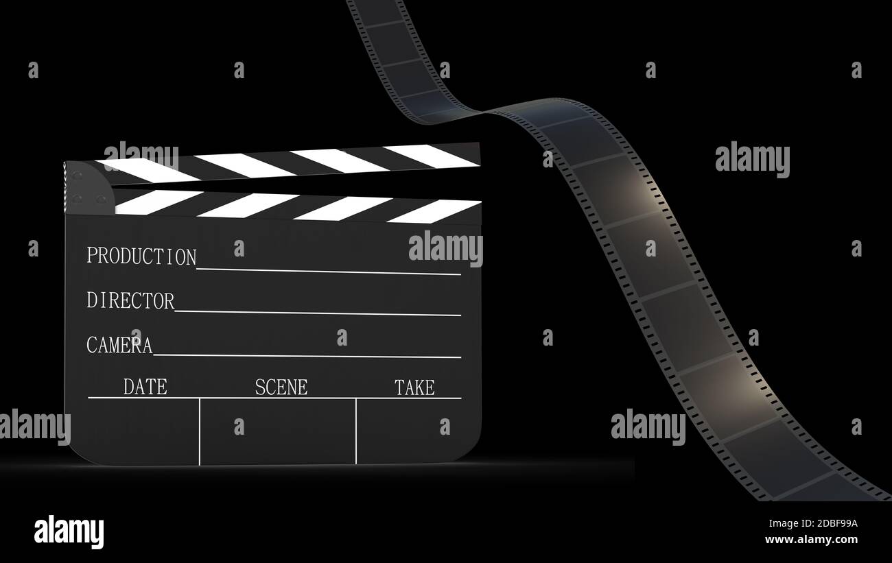 The 3d rendering of Film strip and Clapper board isolated with black ...