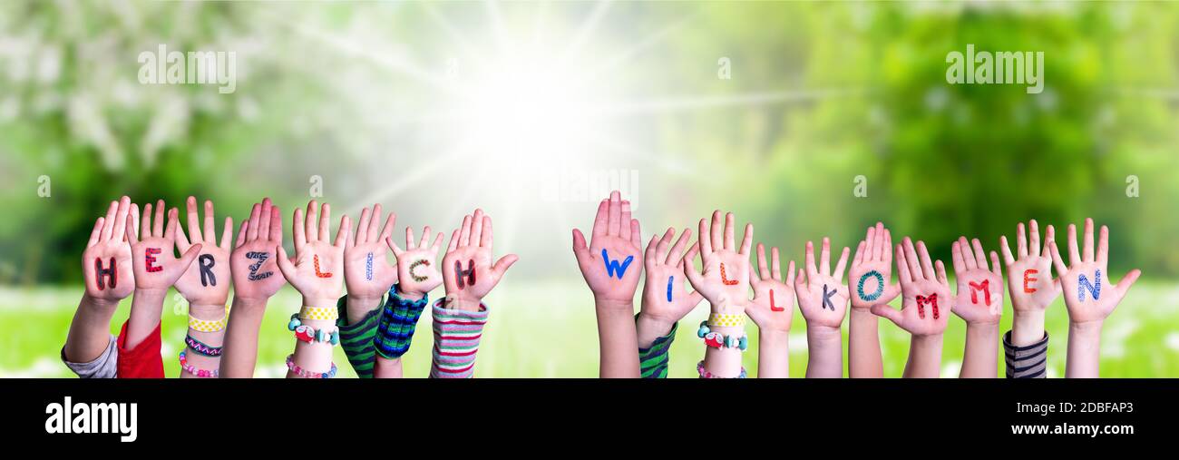 Children Hands Building Colorful German Word Herzlich Willkommen Means ...