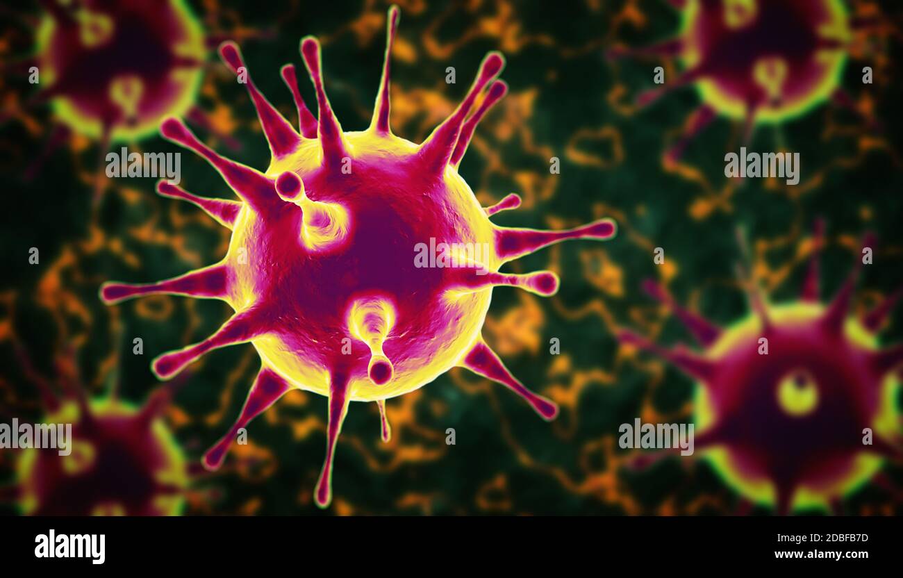 Microscopic view of influenza virus cells. 3D medical illustration ...