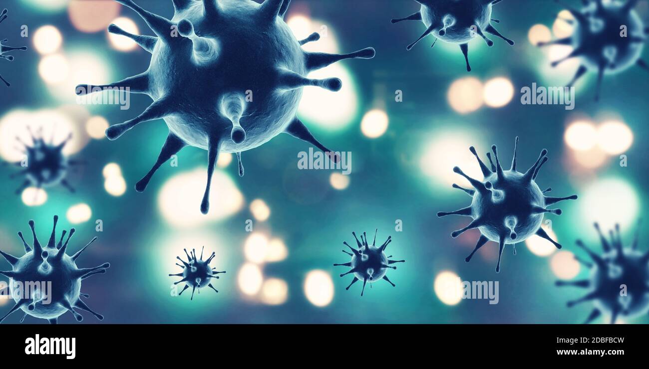 Microscopic view of influenza virus cells. 3D medical illustration ...