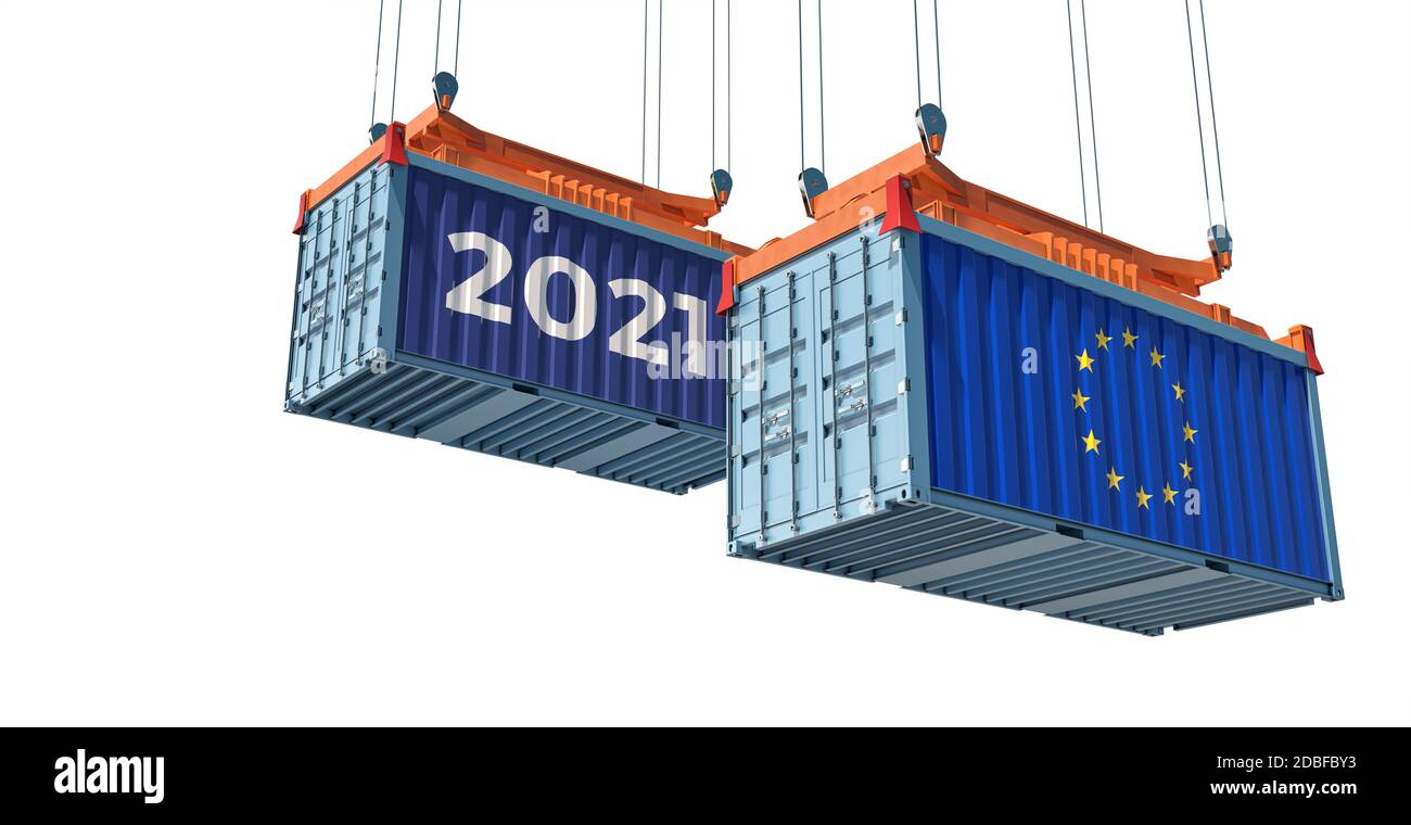 Trading 2021. Freight container with European Union flag. 3D Rendering ...