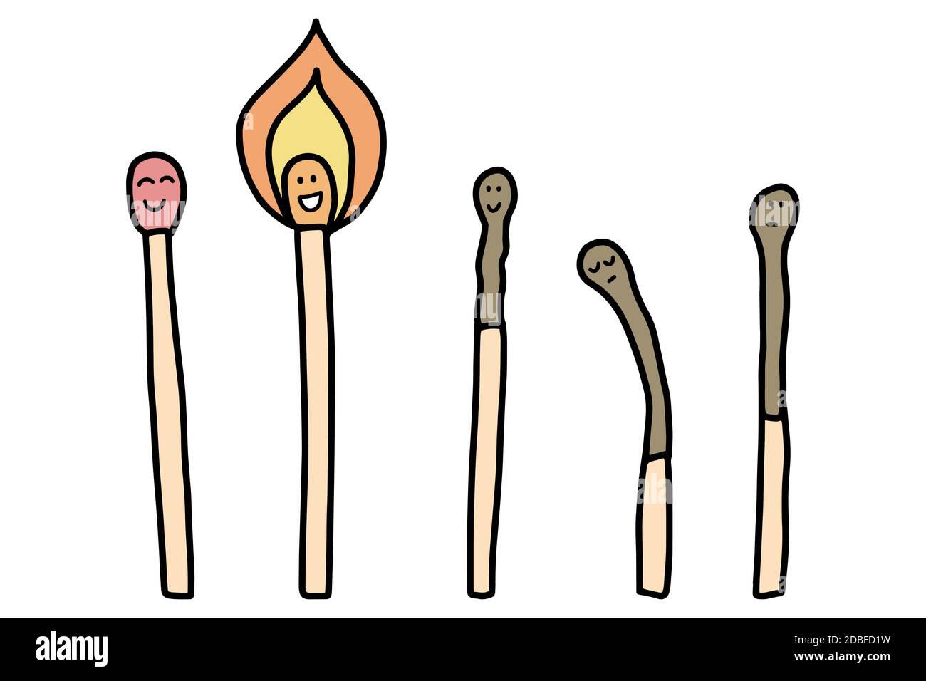 Cartoon Home Kitchen Matches set. Safety match. Hand drawn lines ...