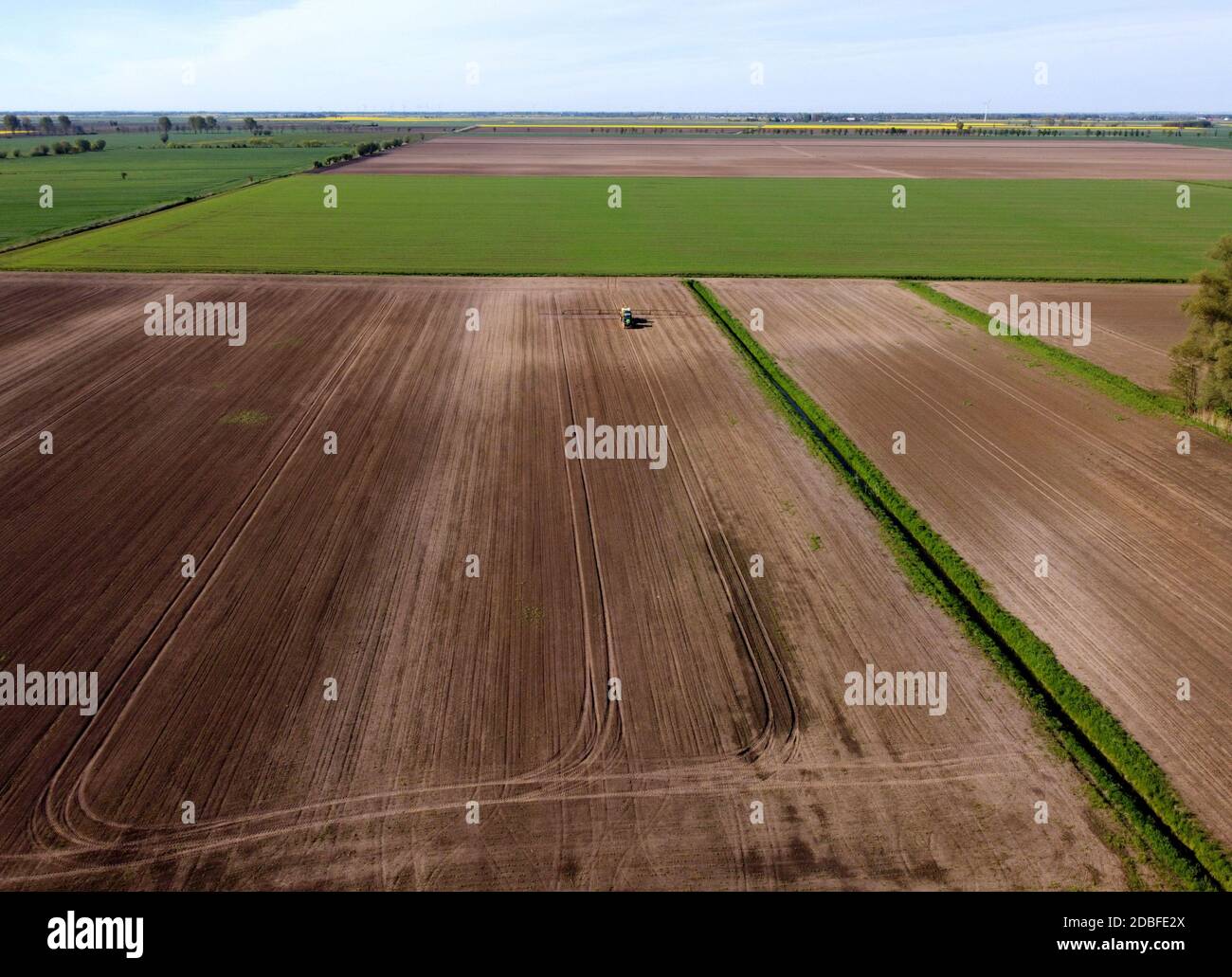 Farmland in spring, tractor spraying field, Zulawy Wislane, Poland ...