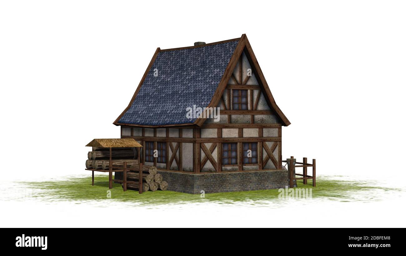 Medieval cottage on a green area - front view on white background Stock ...
