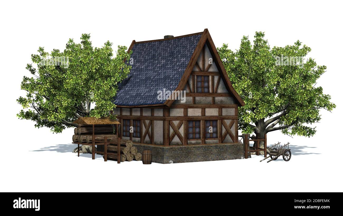 Medieval cottage between trees - front view on white background Stock ...