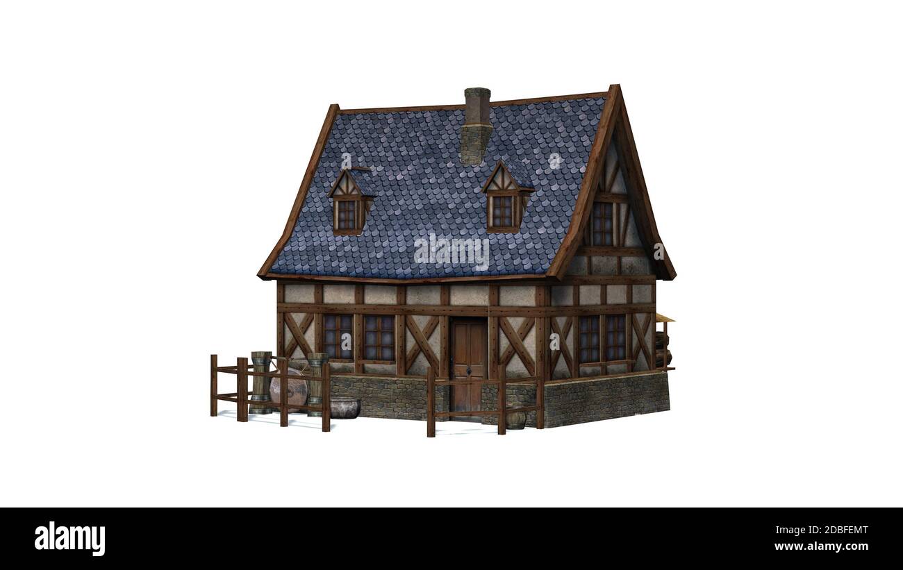 Medieval cottage in back view on white background Stock Photo - Alamy