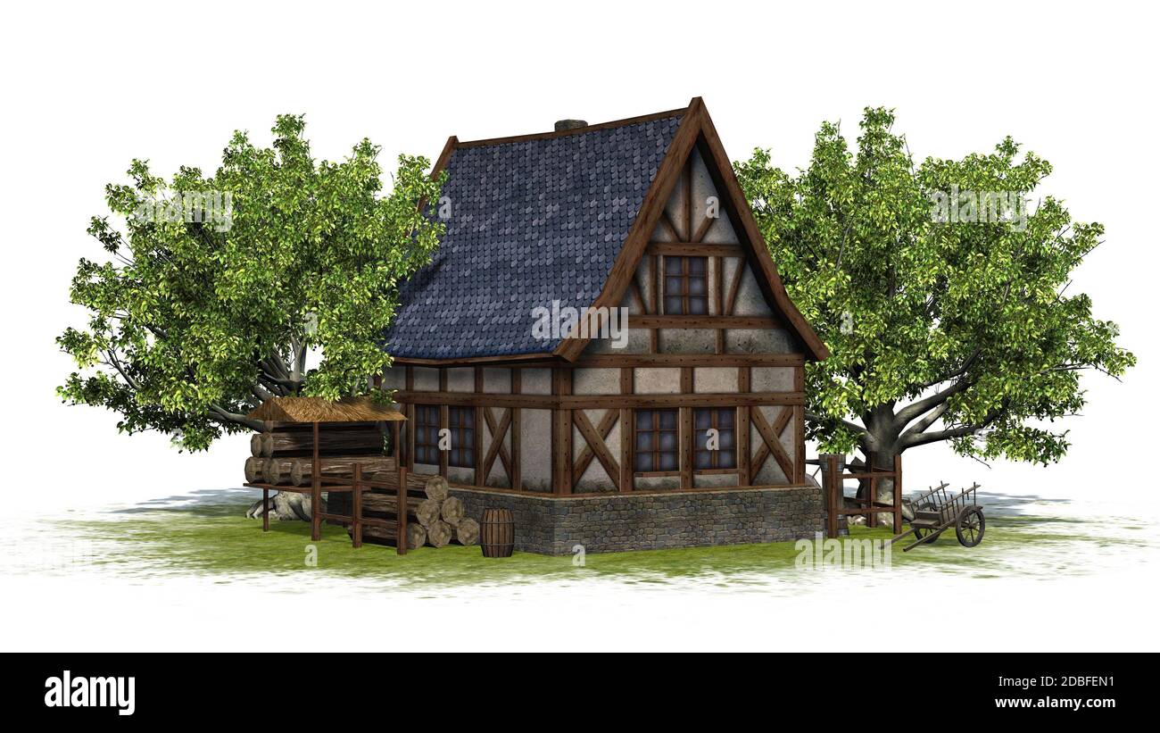 Medieval cottage between trees on a green area - front view on white ...