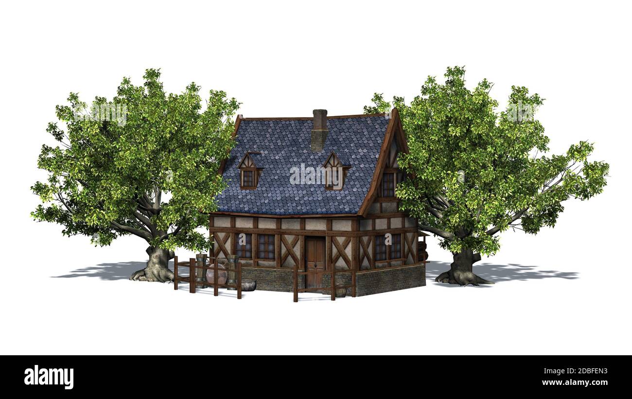Medieval cottage between trees - back view on white background Stock ...