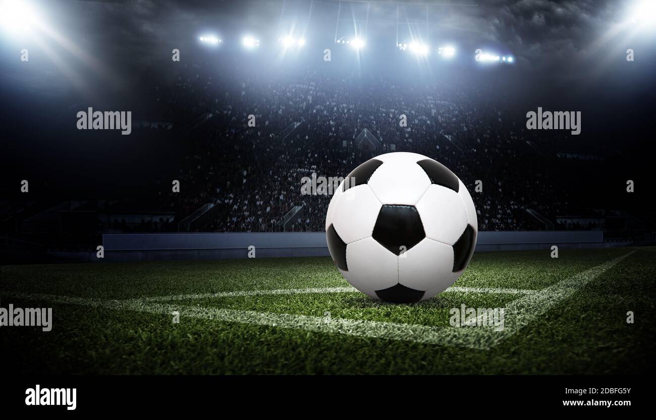 Football stadium, shiny lights, view from field. Soccer concept Stock ...