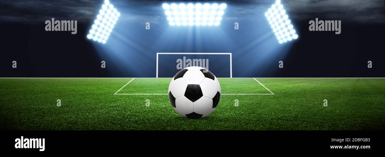 Football stadium, shiny lights, view from field. Soccer concept Stock ...