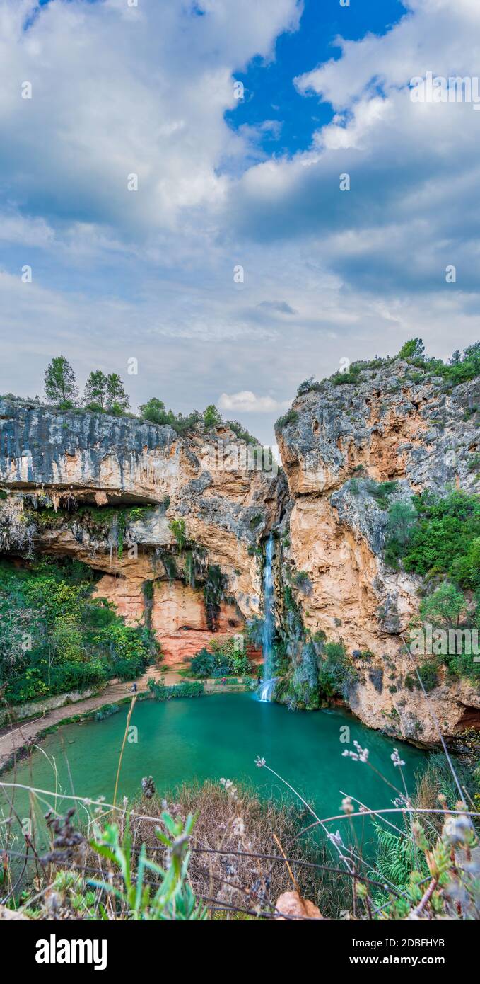Top view of Turche cave and waterfall under the clouds in Valencia ...