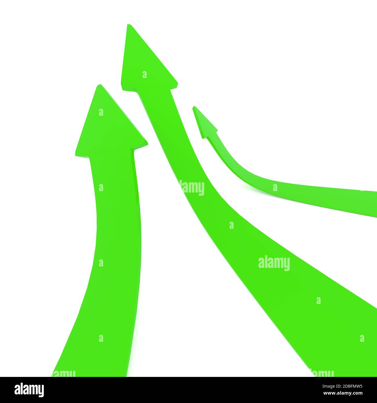 Three green upswing arrows on a white background, conceptual 3d render ...