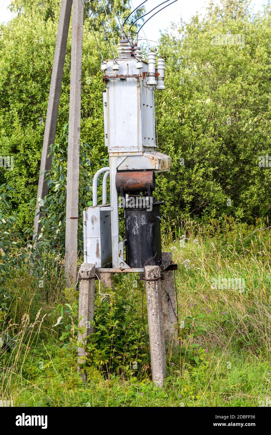 Old voltage power transformer substation at the russian village ...