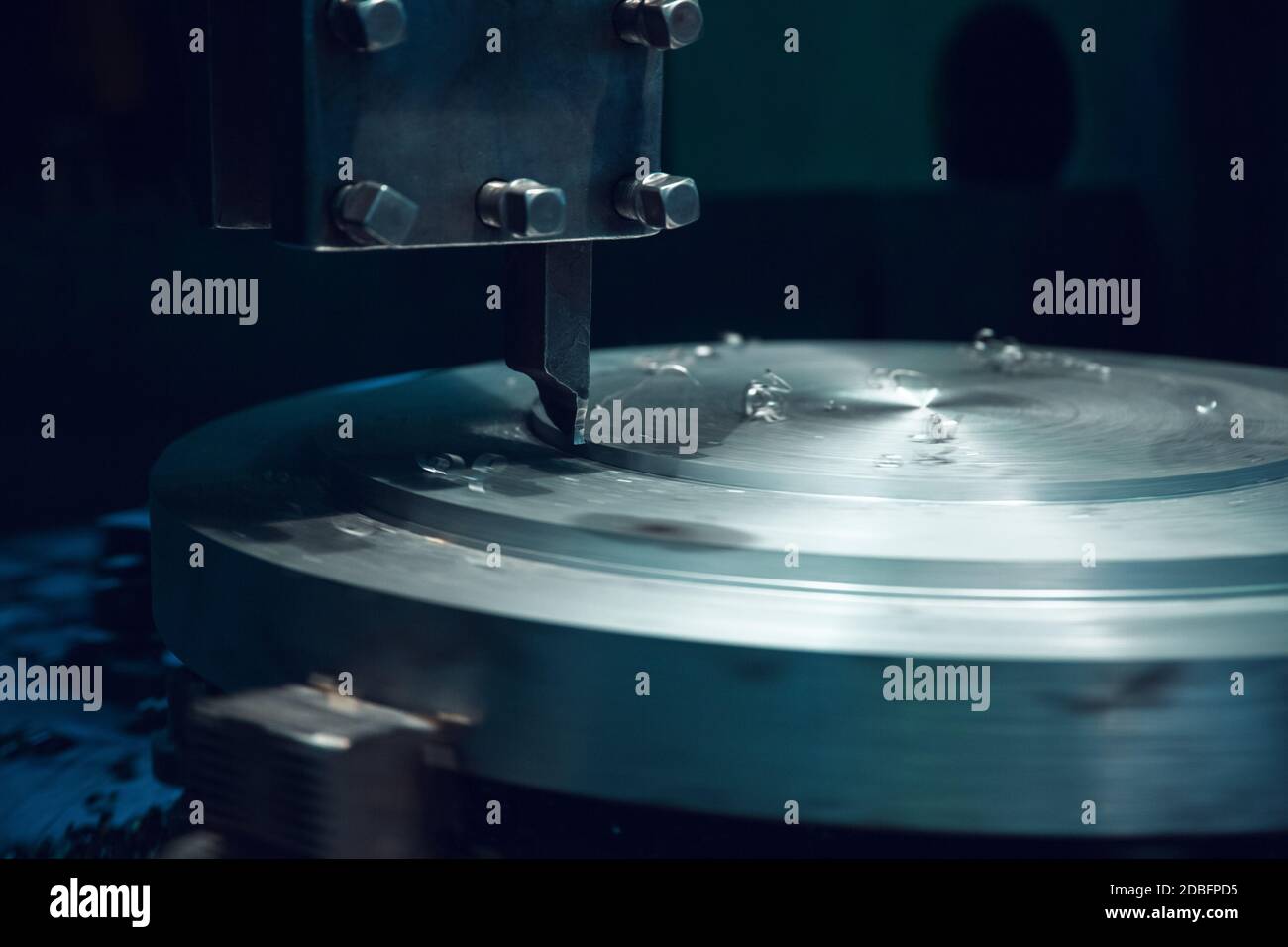 Turning lathe machine closeup, metalworking factory, nobody. Metal ...