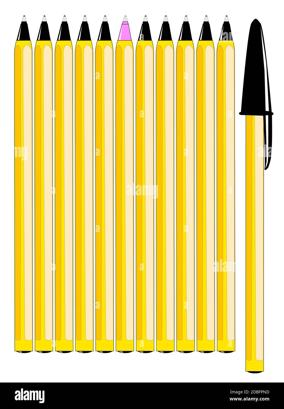 Rows of yellow pens, one in command with black cap and one Odd One Out ...