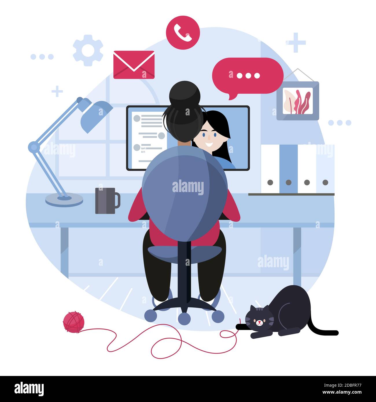 Telecommuting concept with woman in video call Vector illustration ...