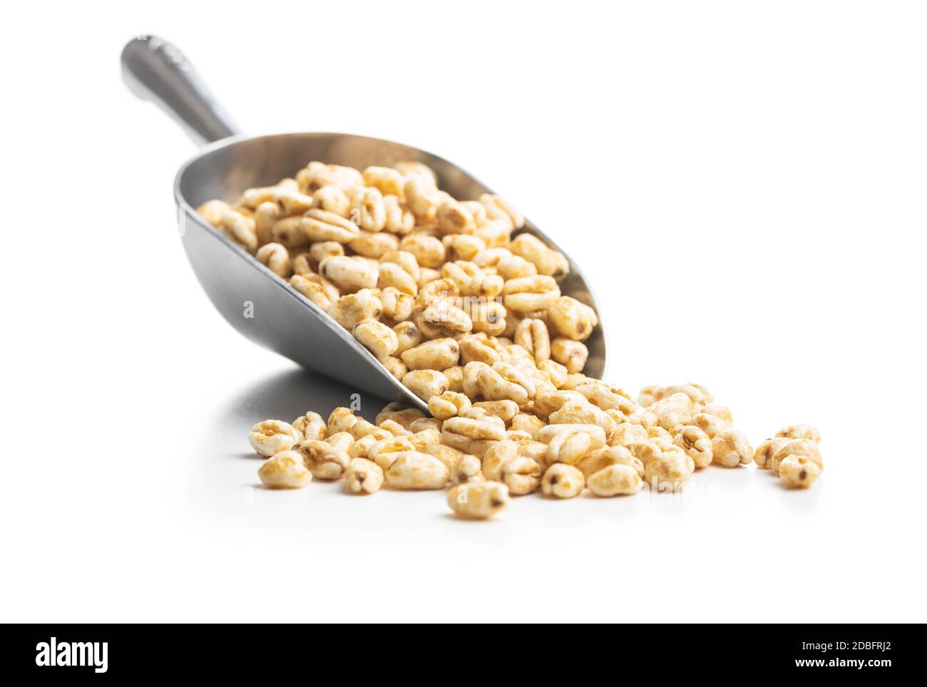Puffed wheat covered with honey in metal scoop isolated on white ...