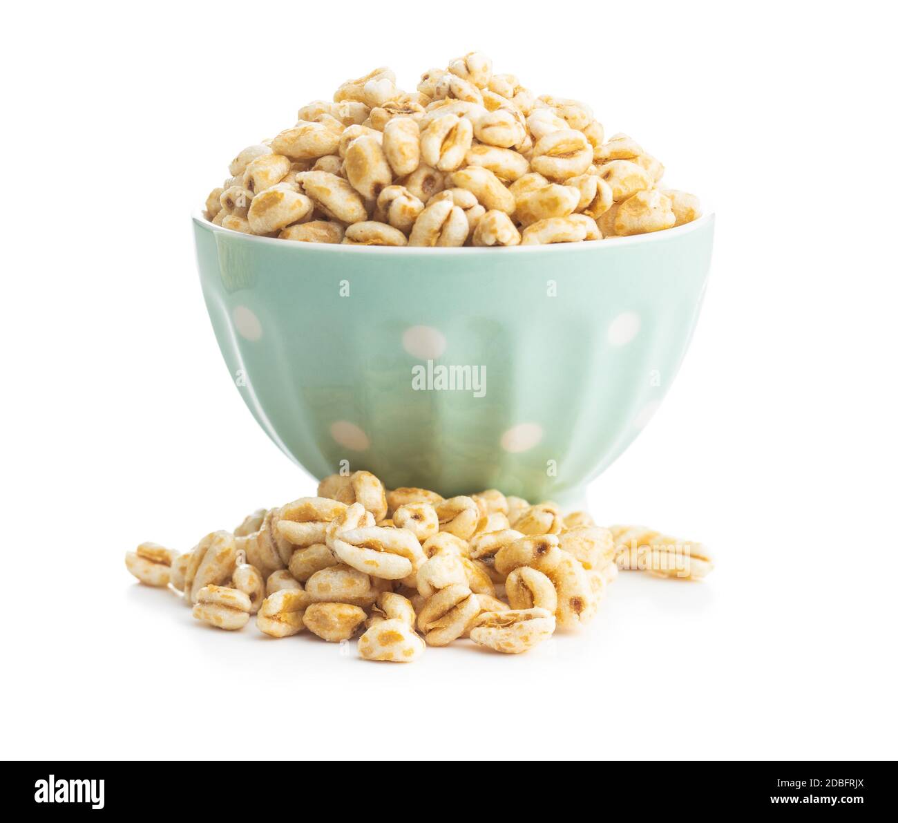Puffed wheat covered with honey in bowl isolated on white background ...