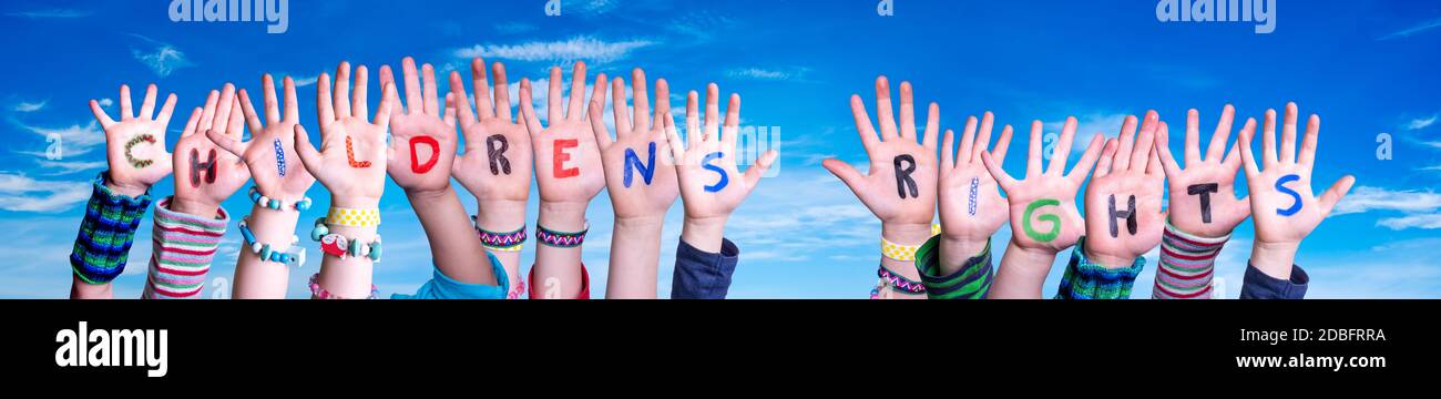 Children Hands Building Colorful English Word Children Rights. Blue Sky ...