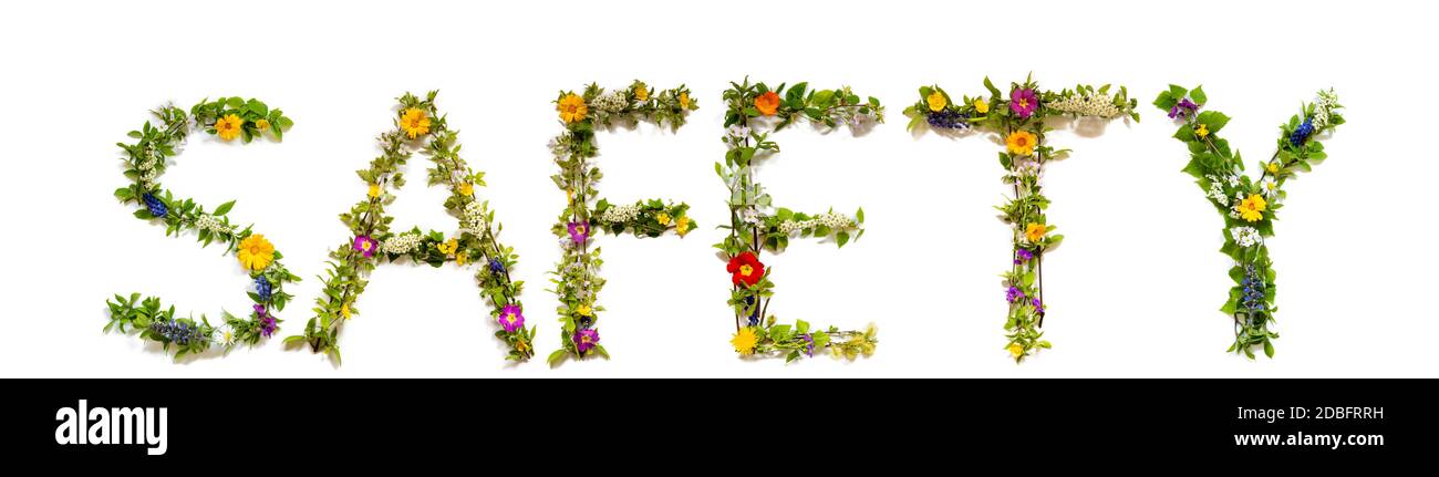 Flower, Branches And Blossom Letter Building English Word Safety. White ...