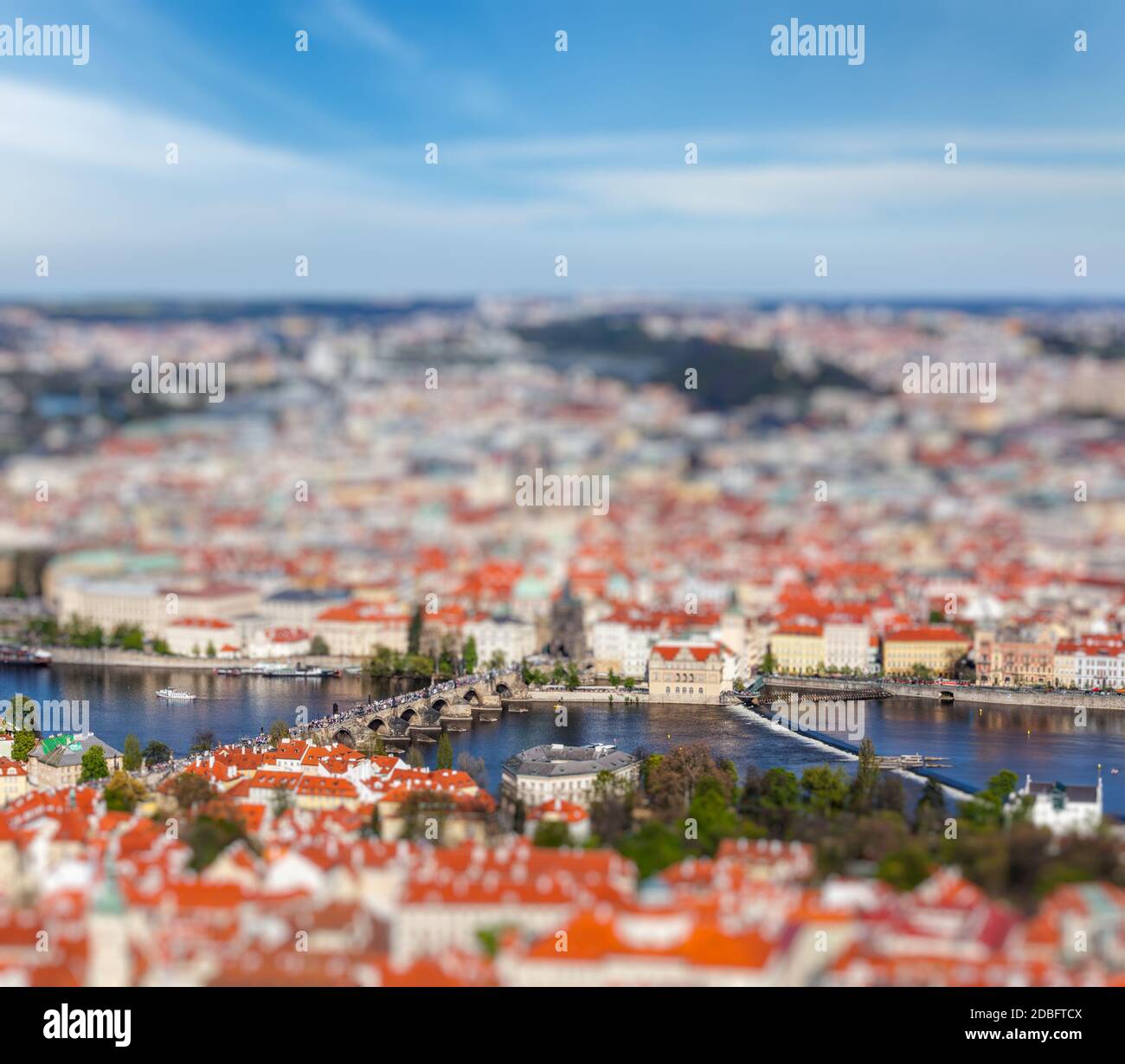 Aerial view of Charles Bridge over Vltava river and Old city from ...