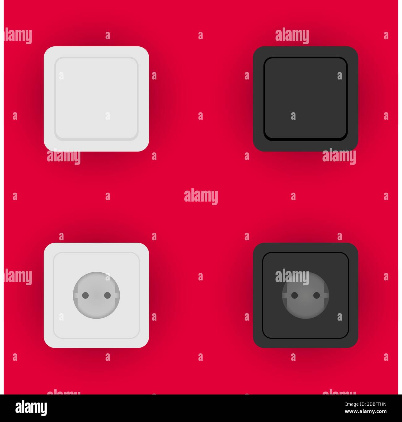Set of vector sockets and switches of light with shadow on red ...