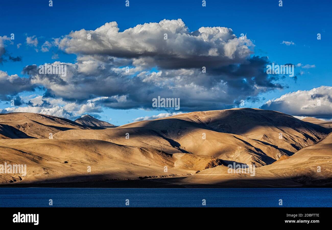Himalayas and Himalayan mountain lake Tso Moriri on sunset. Korzok ...