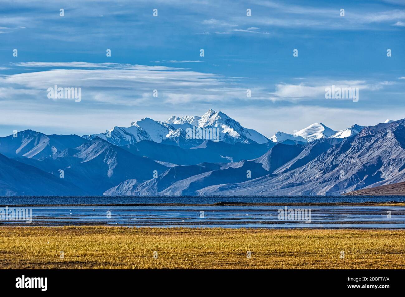 Himalayan lake Tso Moriri with mountain peaks of Himalayas. Korzok ...