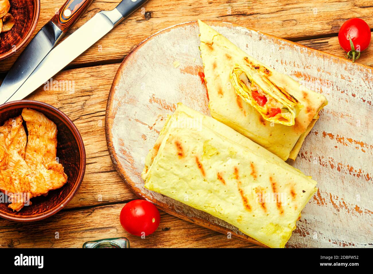 Traditional eastern shawarma with chicken,cheese and mushrooms Stock ...
