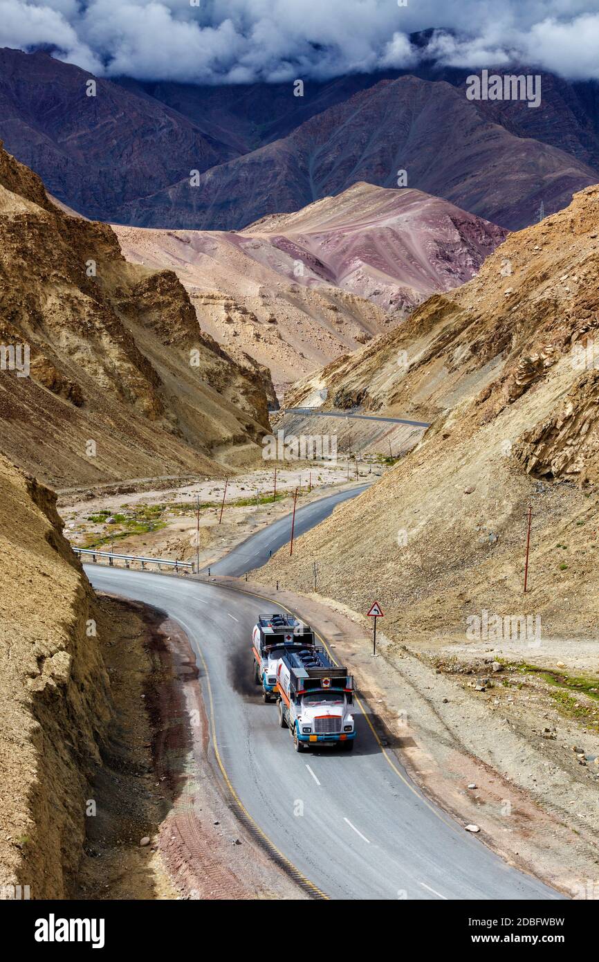 Indian lorry cistern fuel tanker trucks on NH-1 (Srinagar Leh national ...