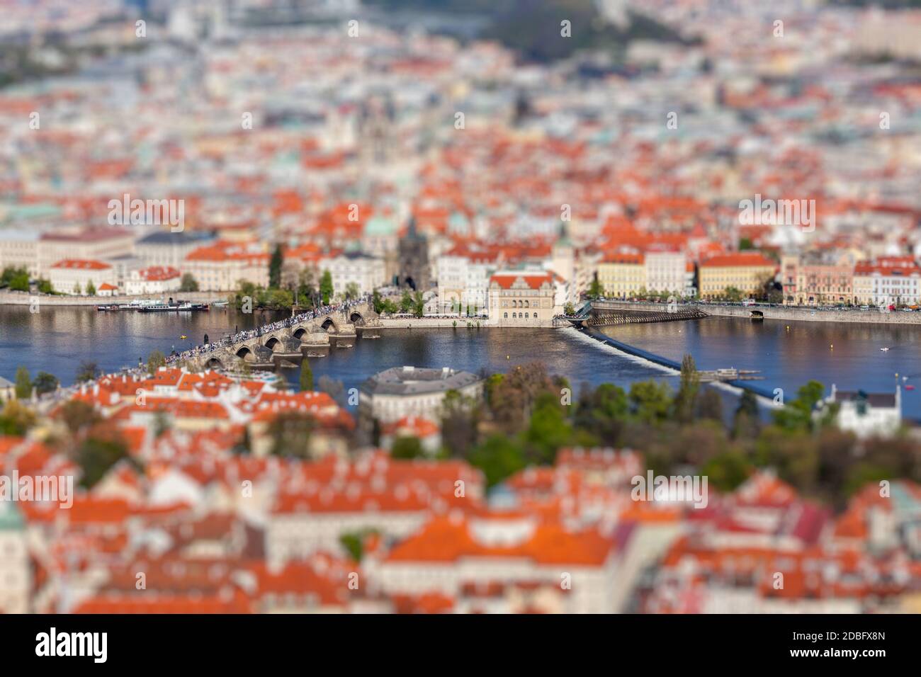 Aerial view of Charles Bridge over Vltava river and Old city from ...