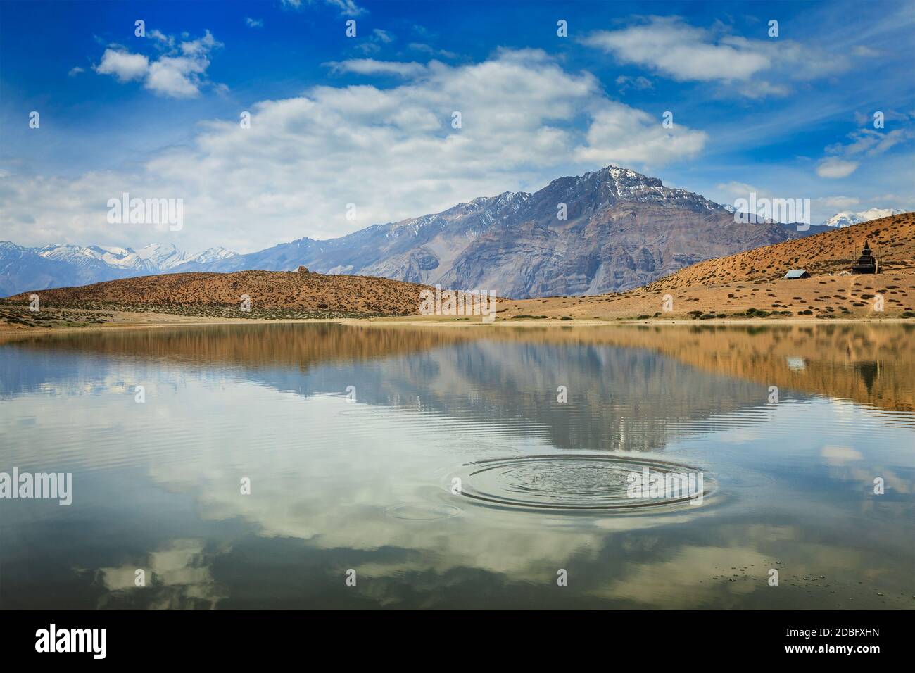 Himalayas mountains refelcting in mountain lake Dhankar Lake. Spiti ...