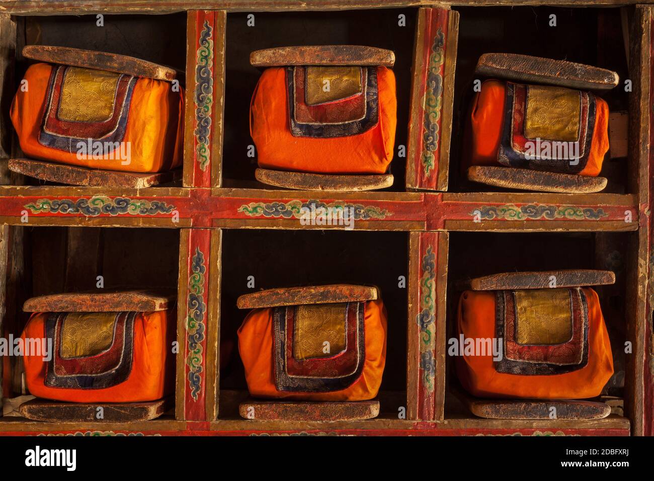 Folios of old manuscripts in library of Thiksey Gompa (Tibetan Buddhist ...