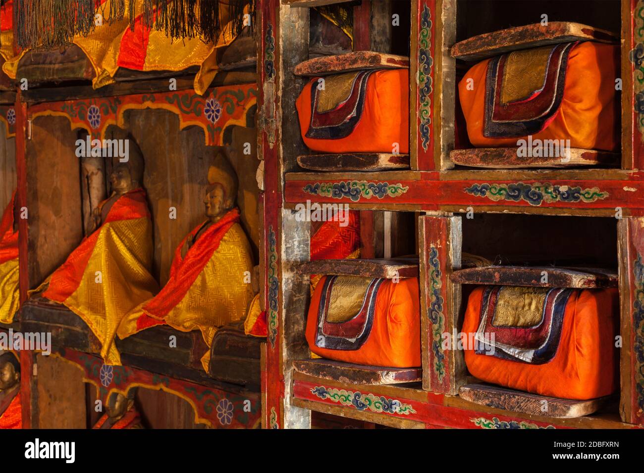 Folios of old manuscripts in library of Thiksey Gompa (Tibetan Buddhist ...