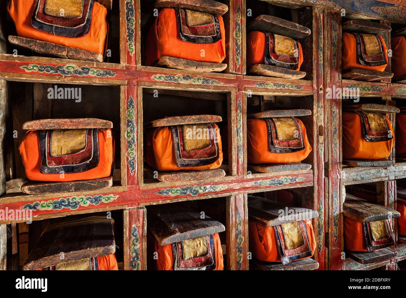 Folios of old manuscripts in library of Thiksey Gompa (Tibetan Buddhist ...
